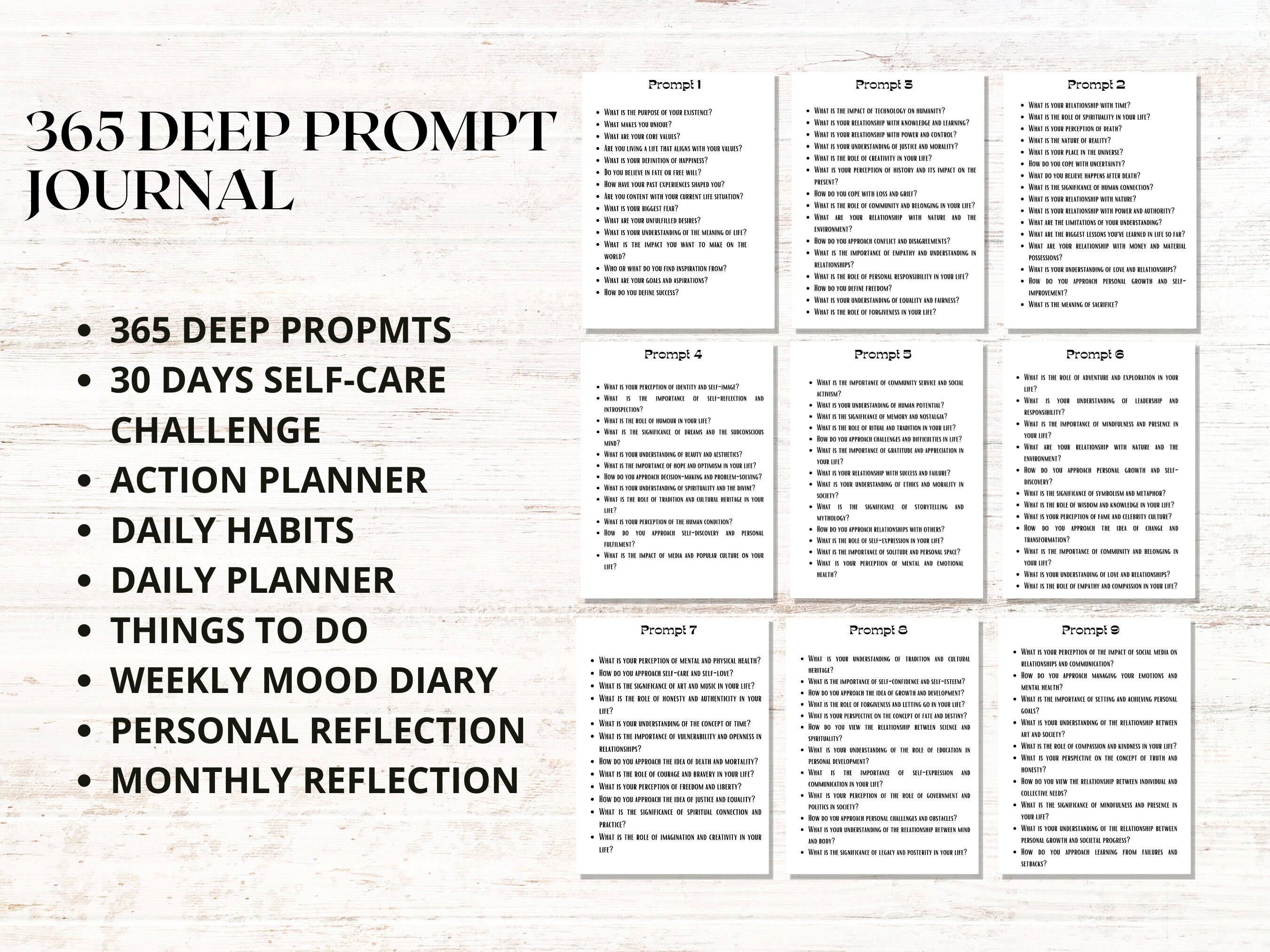 365 Prompts Journal, Deep Thought Writing Prompts, 5 Minute Journal ...