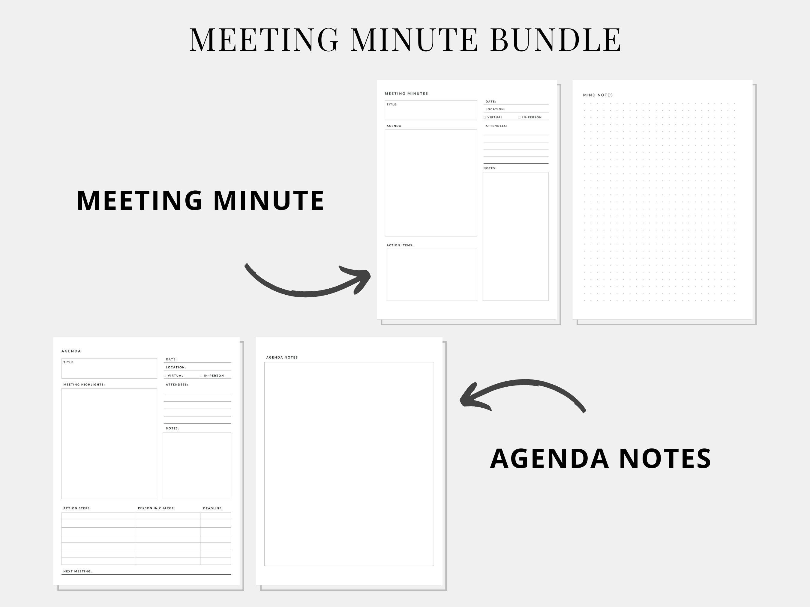 Meeting Minutes Template, Meeting Notes, Meeting Agenda Printable ...