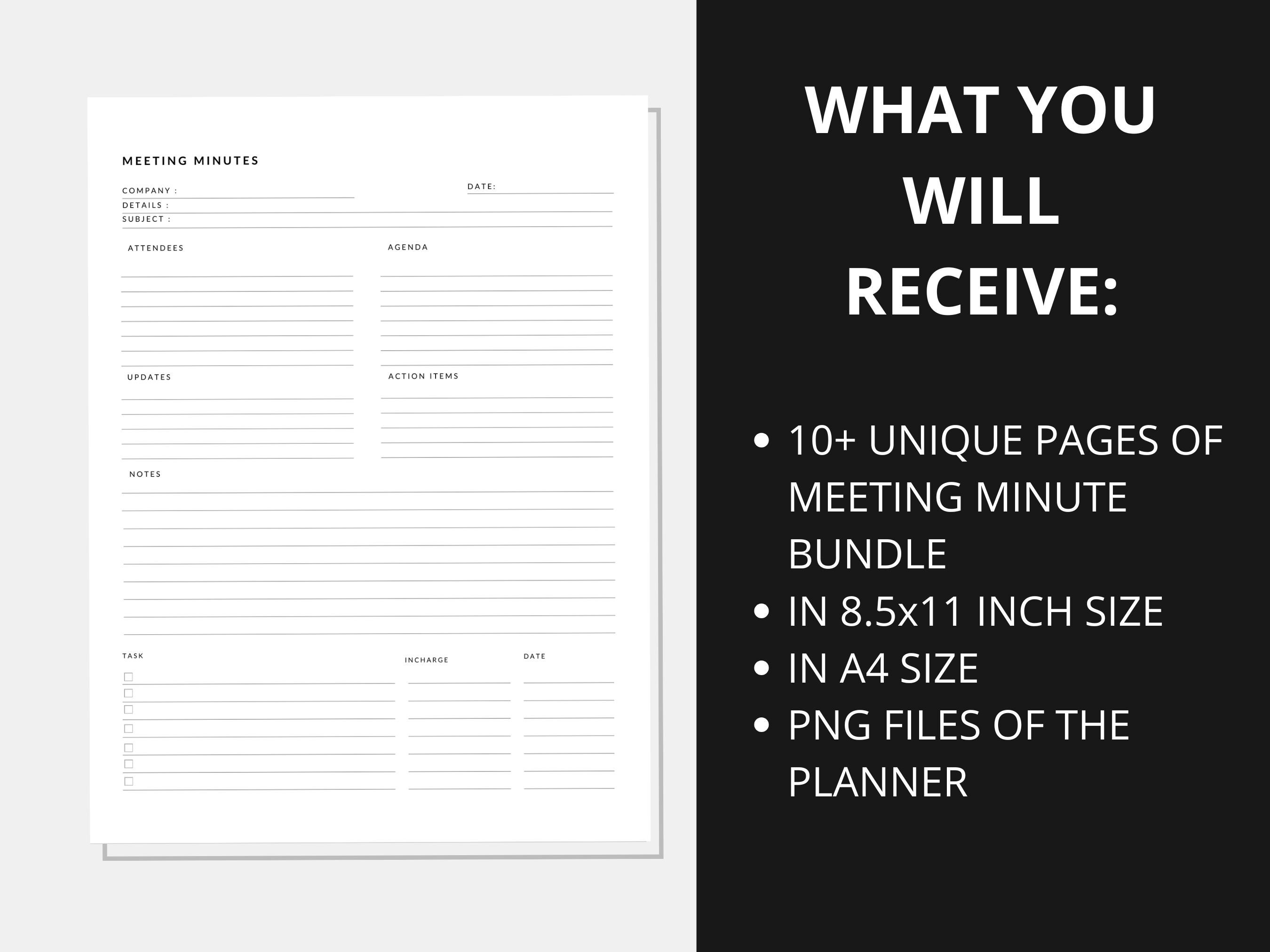 Meeting Minutes Template, Meeting Notes, Meeting Agenda Printable ...