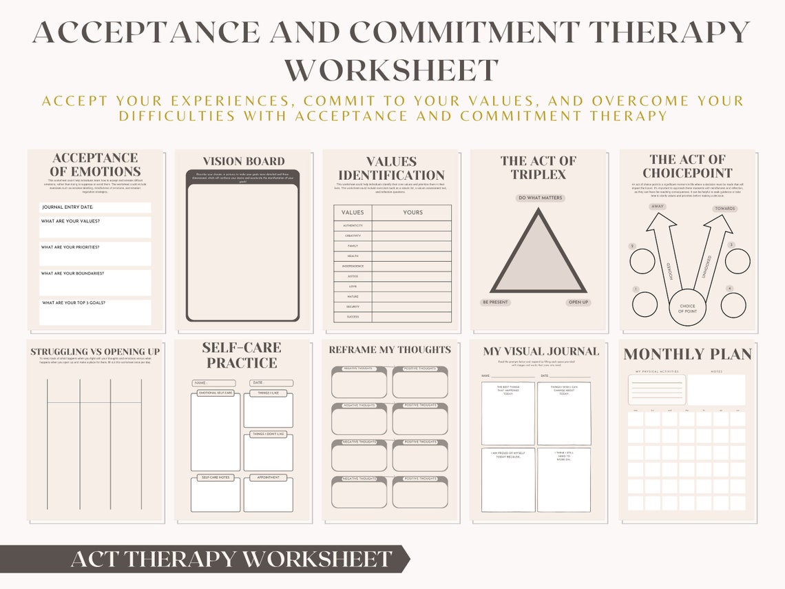 Printable Acceptance Therapy Worksheets - Mindfulness, DBT, and ACT Techniques, CBT Values ...