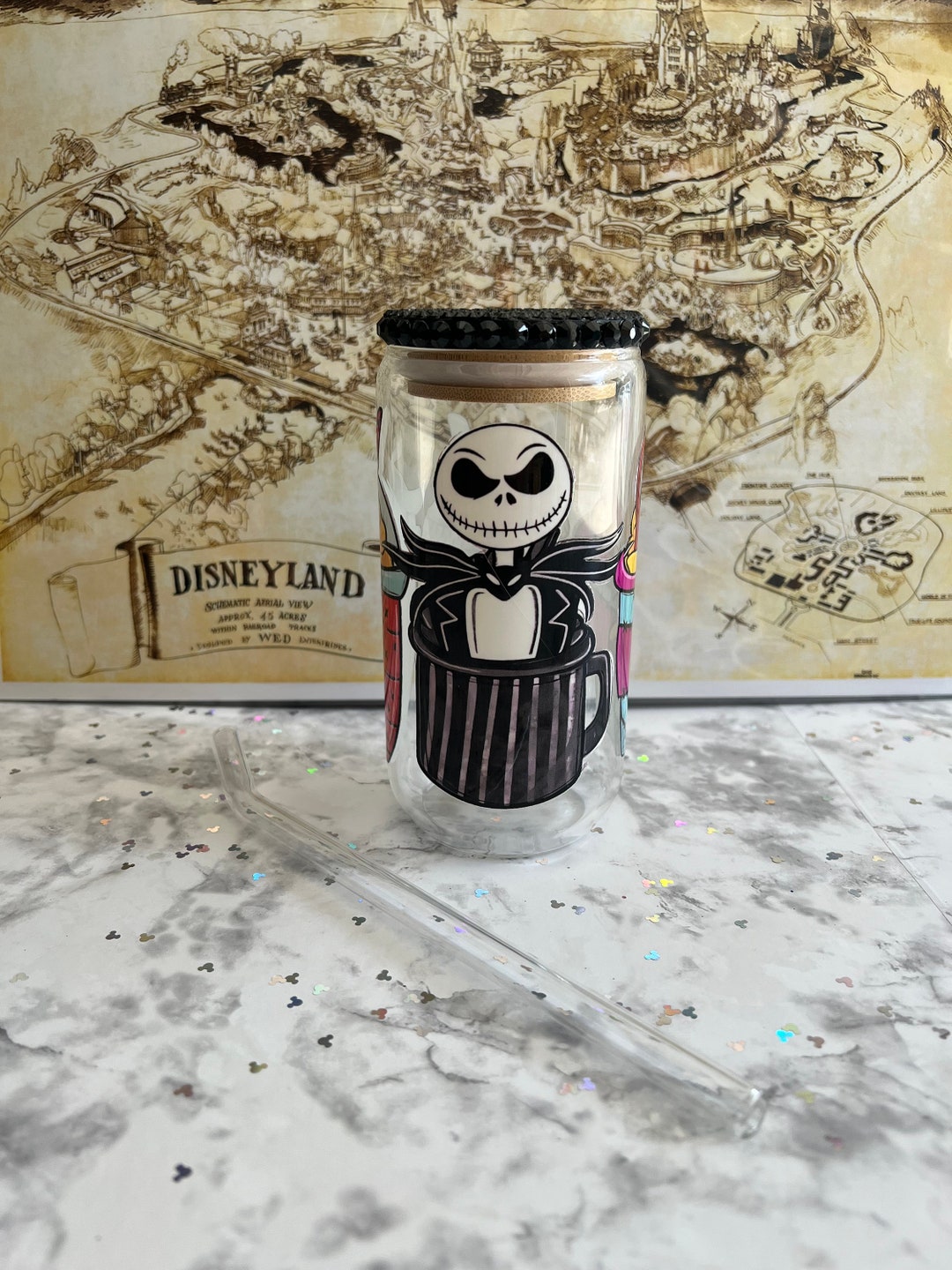 Jack Sally and Zero 16 Oz. Libby Glass Can With Rhinestone Lid and Glass Straw. Great for Ice ...