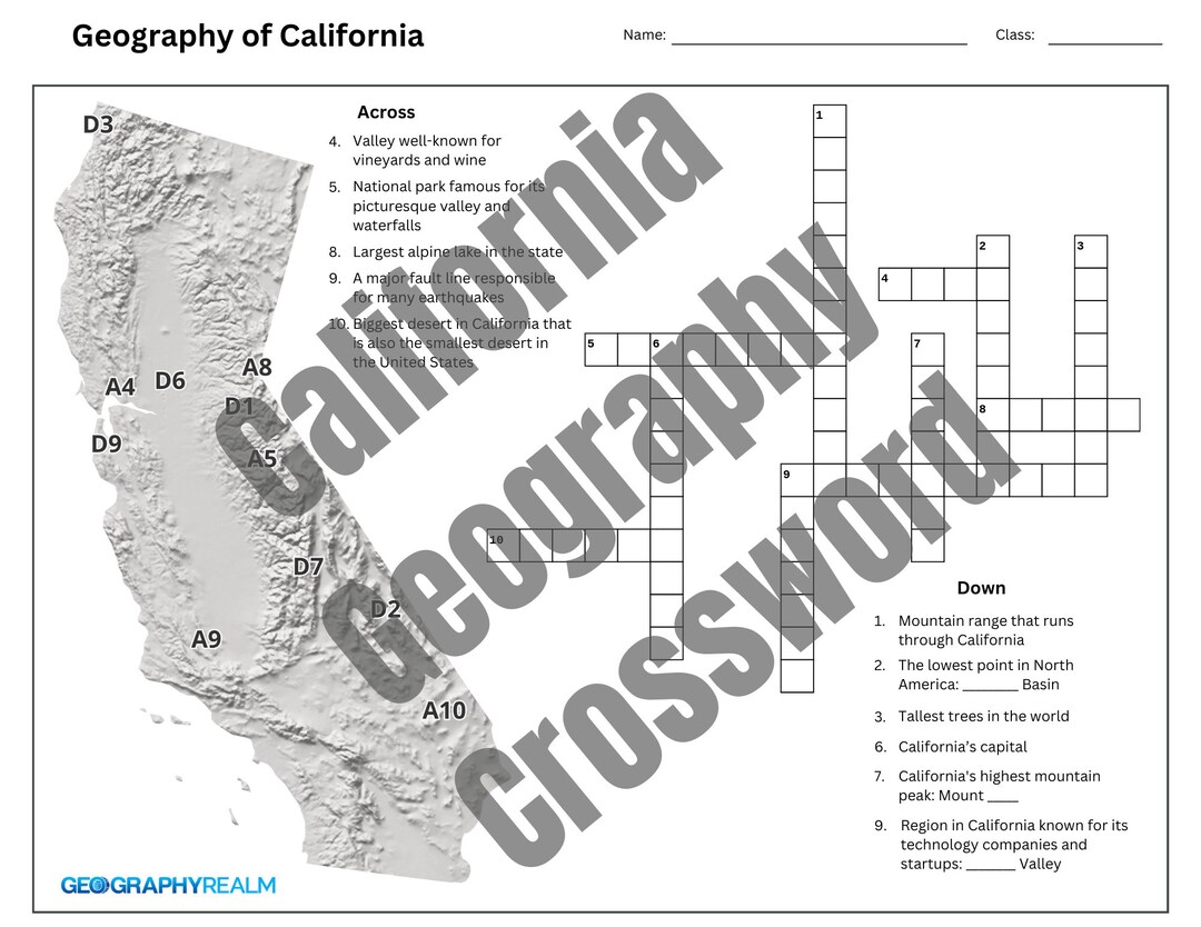 California Geography Crossword Puzzle for Grades 3-5 (digital Download ...