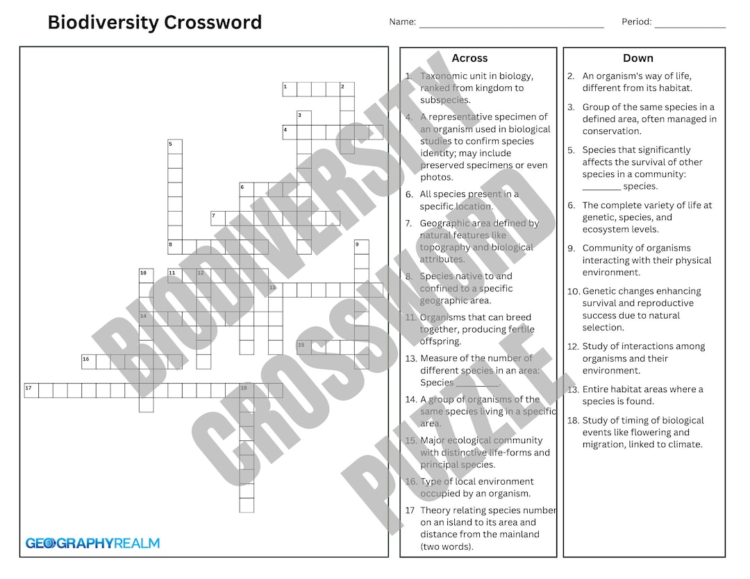 Biodiversity Crossword Puzzle - Etsy