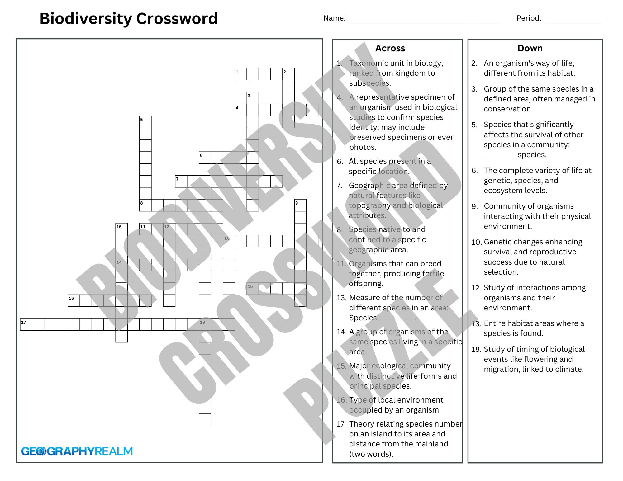Biodiversity Crossword Puzzle - Etsy