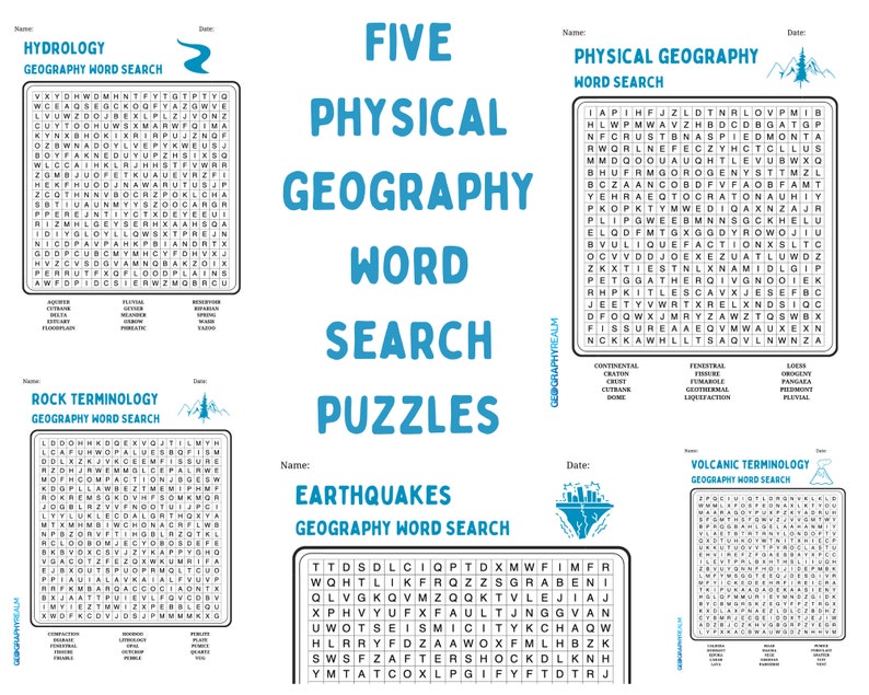 Physical Geography Word Search Puzzles - Five Games and Answer Sheets ...