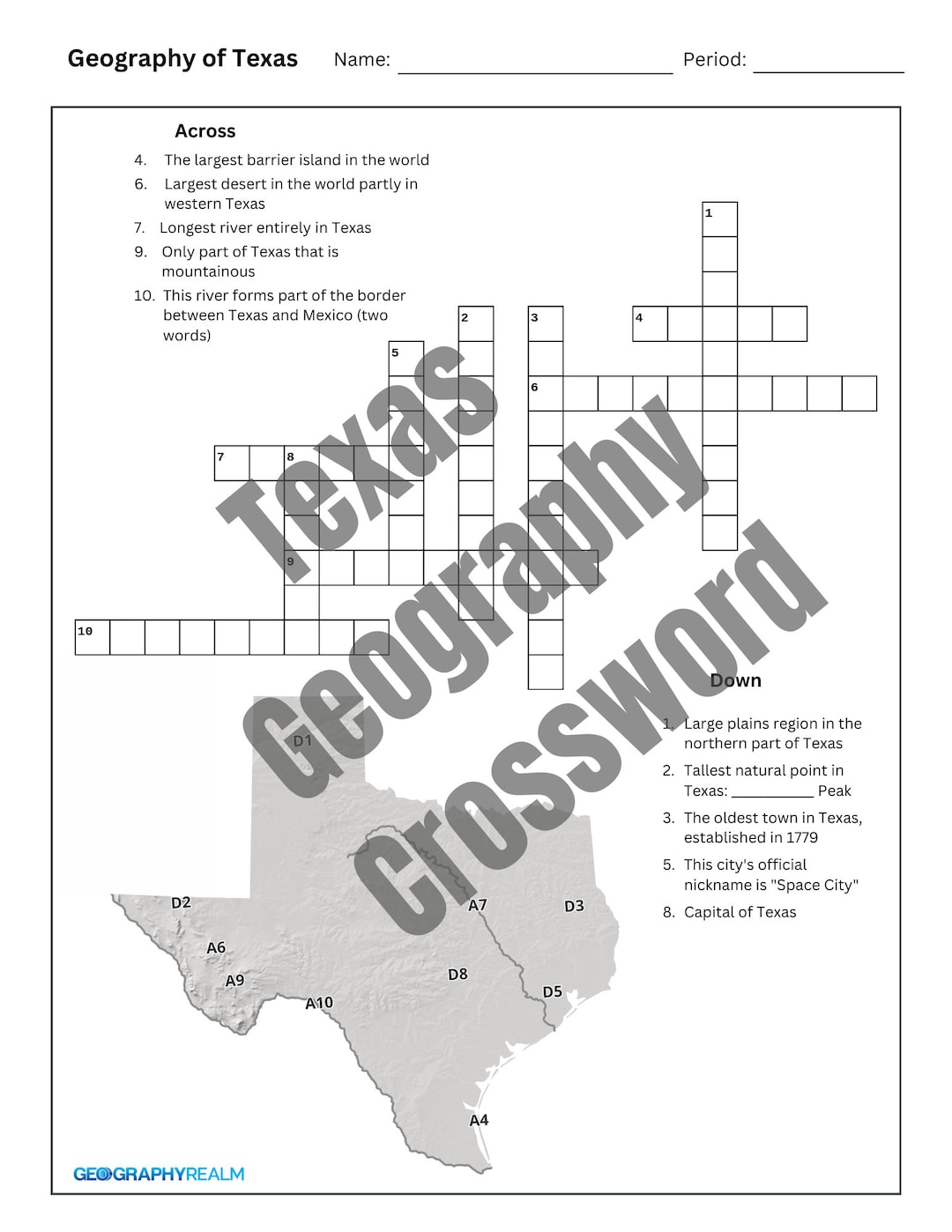 Texas Geography Crossword Puzzle for Grades 3-5 (digital Download With ...