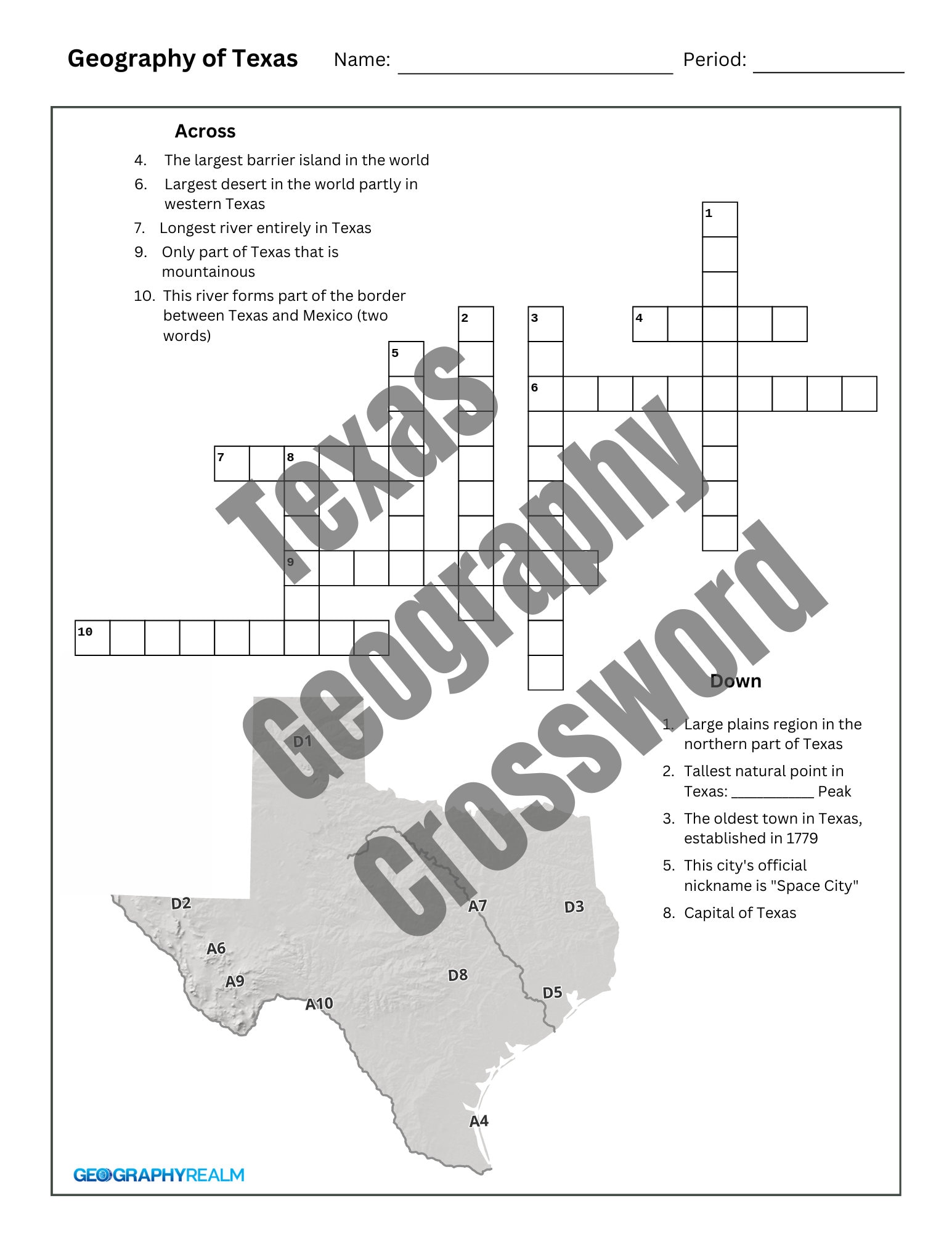 Texas Geography Crossword Puzzle for Grades 3-5 (digital Download With ...