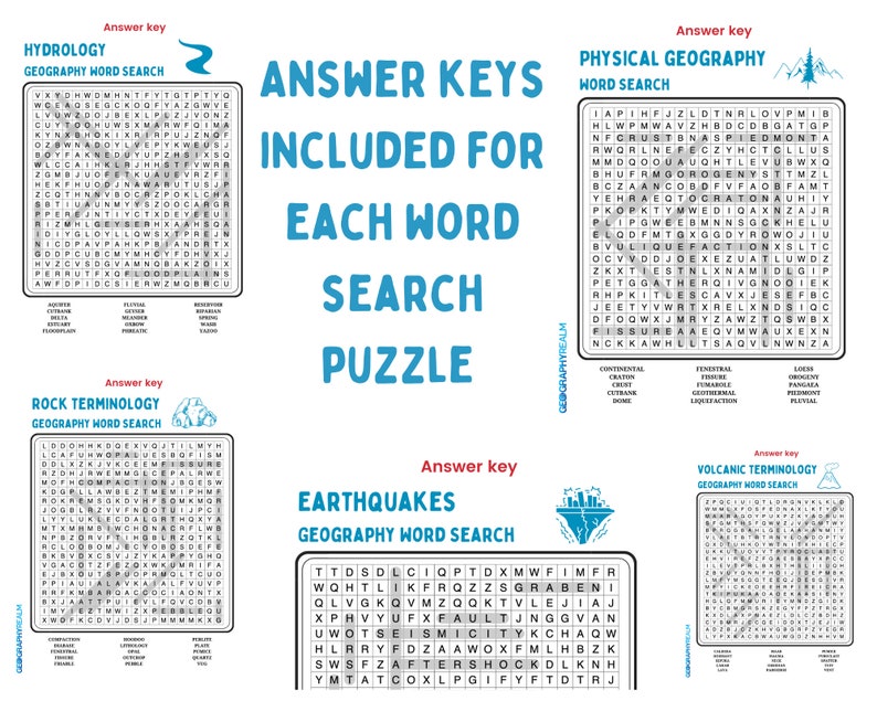 Physical Geography Word Search Puzzles - Five Games and Answer Sheets ...