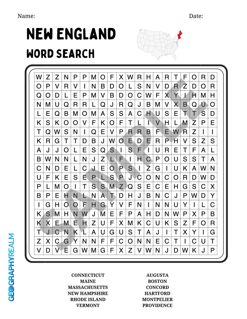 New England Geography Printables: Outline Maps, Word Search, and ...