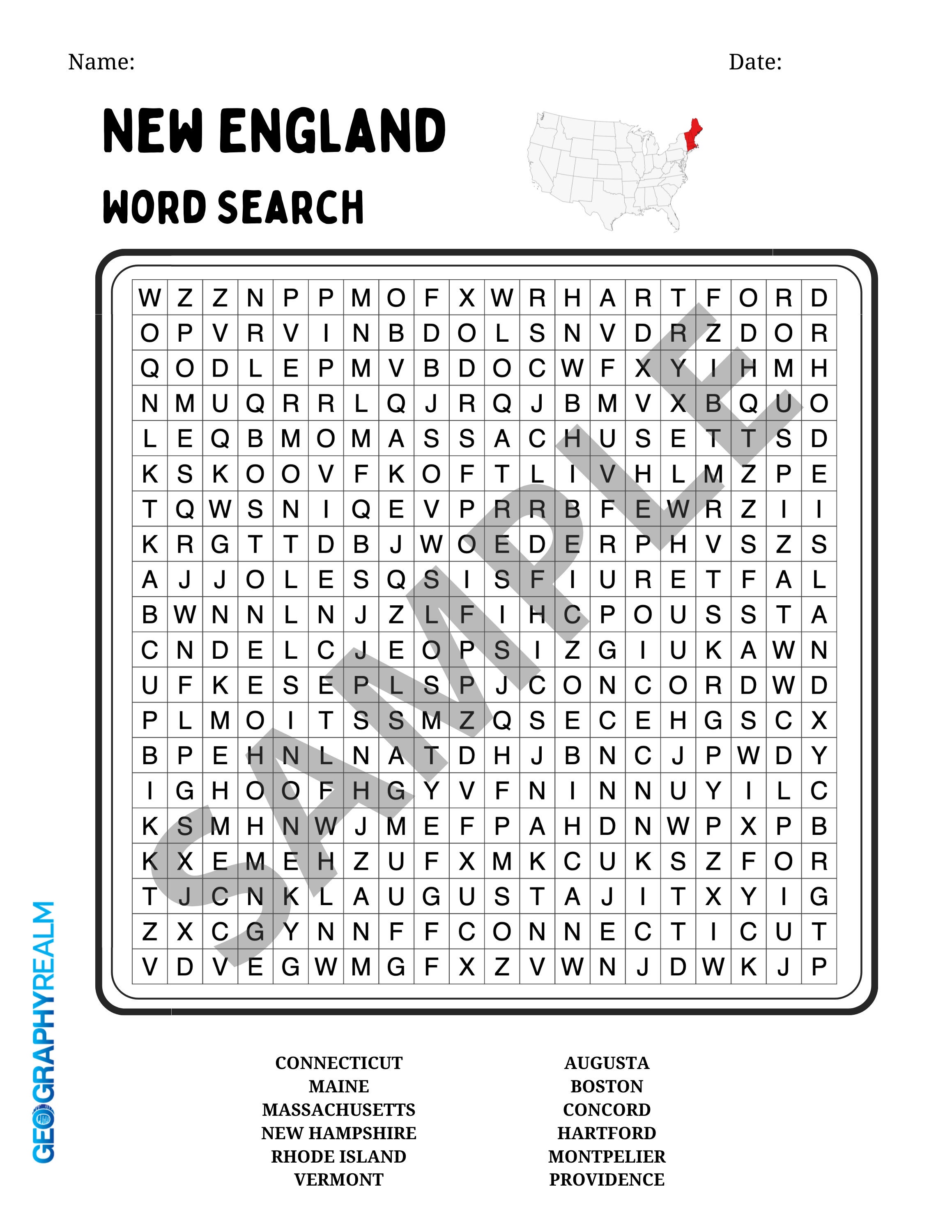 New England Geography Printables: Outline Maps, Word Search, and ...