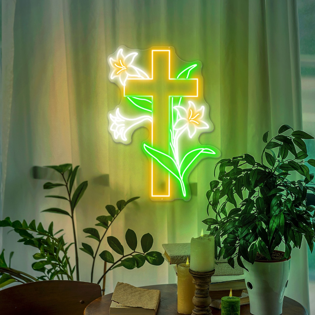 Easter Cross Lily Neon Sign Lily Flower Church Decor Easter Lily Cross ...