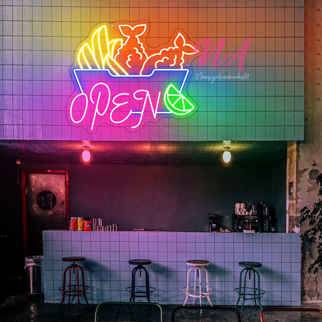 Fish & Chips Open Neon Sign, Fast Food Neon Sign, Restaurant Decor ...