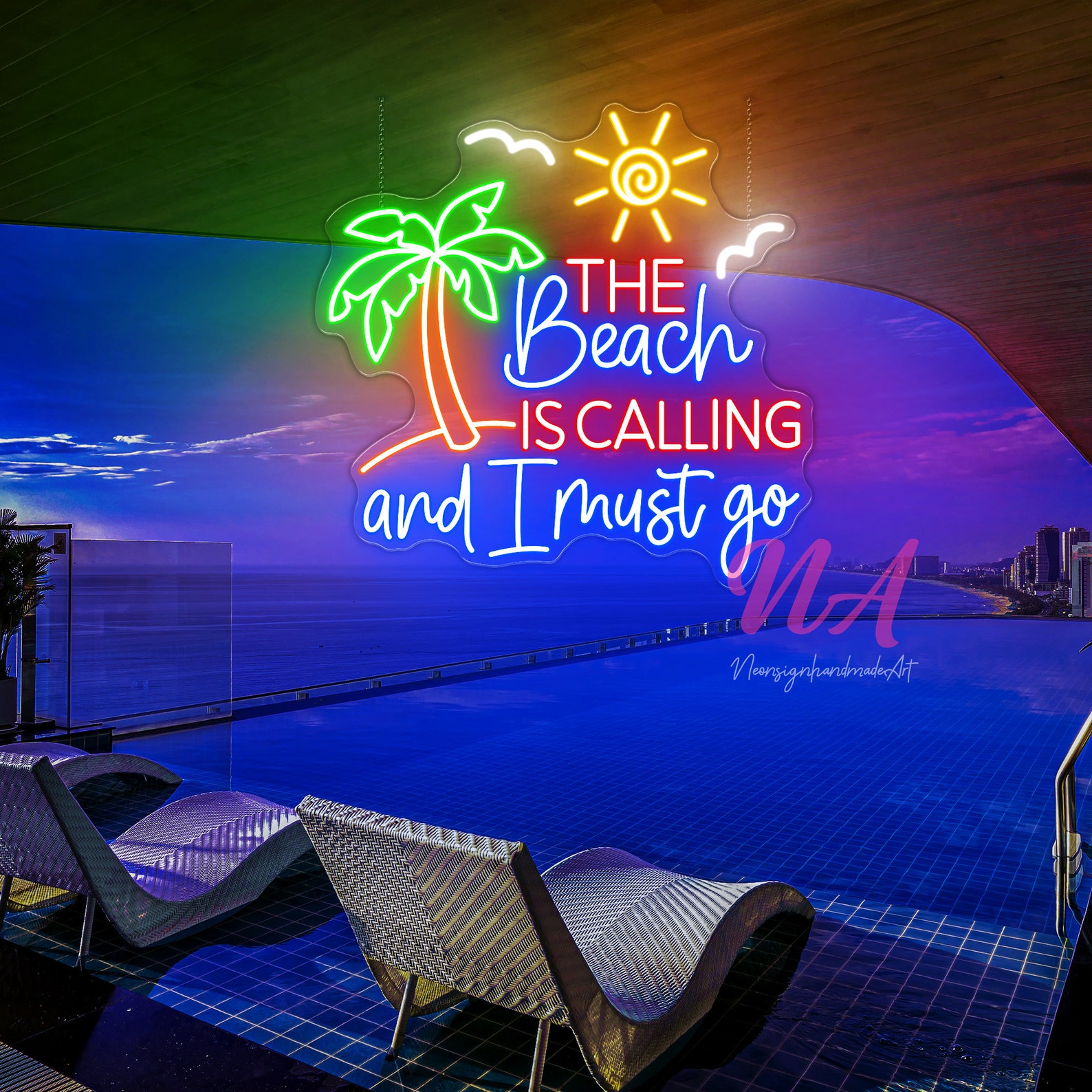 The Beach is Calling and I Must Go Neon Sign Palm Tree and Sun Neon ...