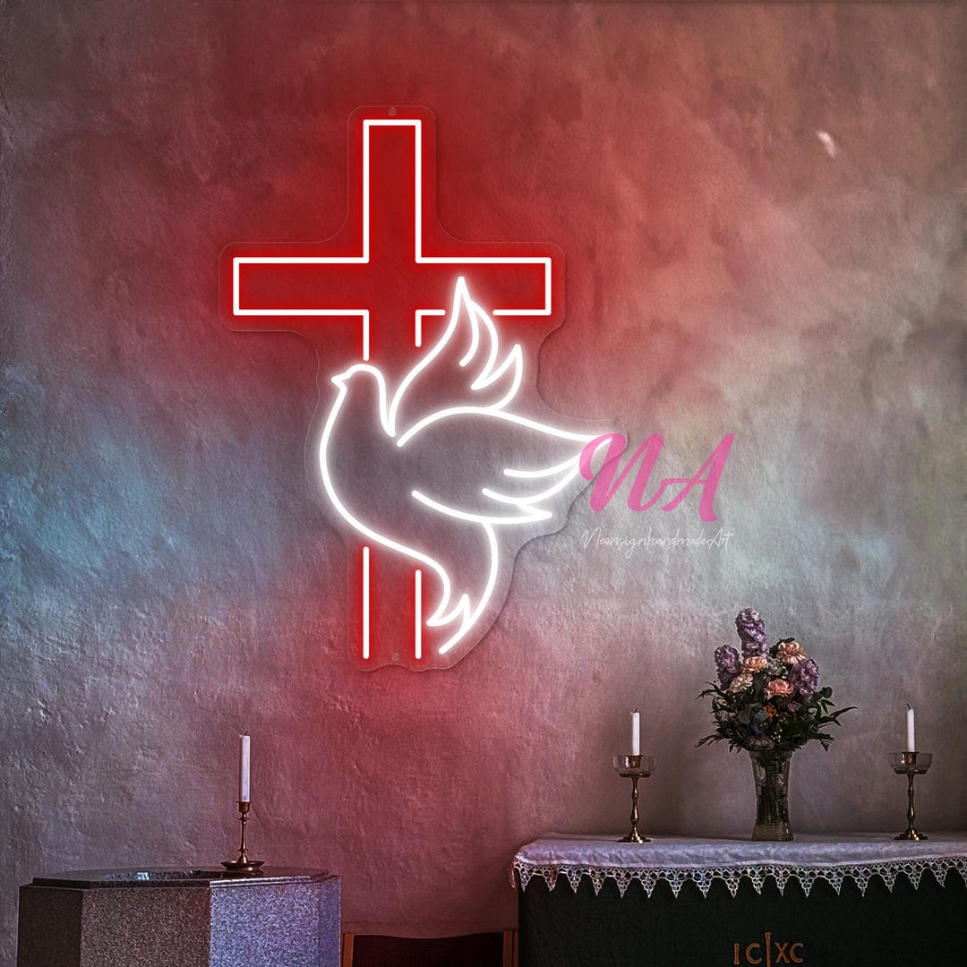 Cross and Pigeon Neon Sign, Pigeon LED Neon Sign, Cross Decor Wall ...