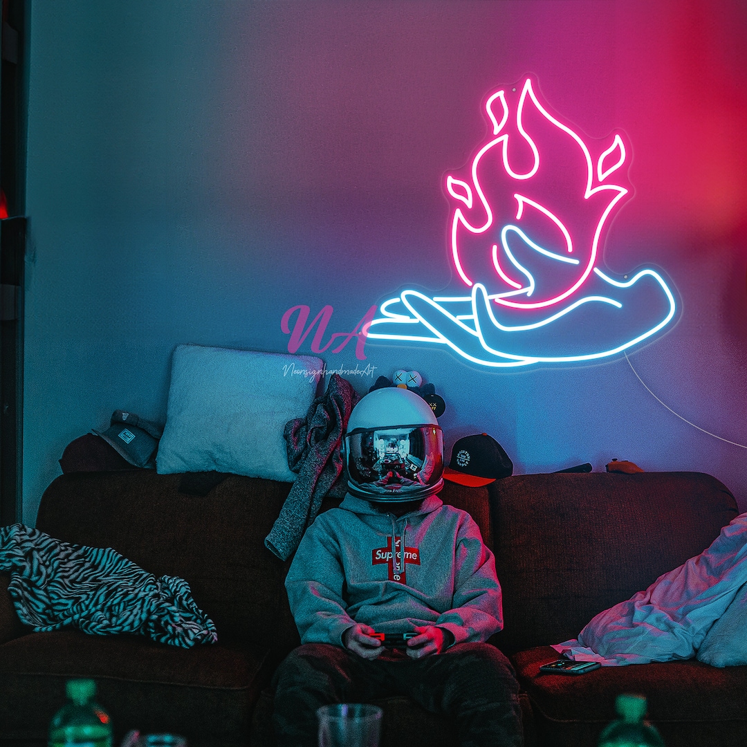 Hand With Fire Neon Sign, Fire Neon Sign, Hand Neon Sign, Bedroom Decor ...
