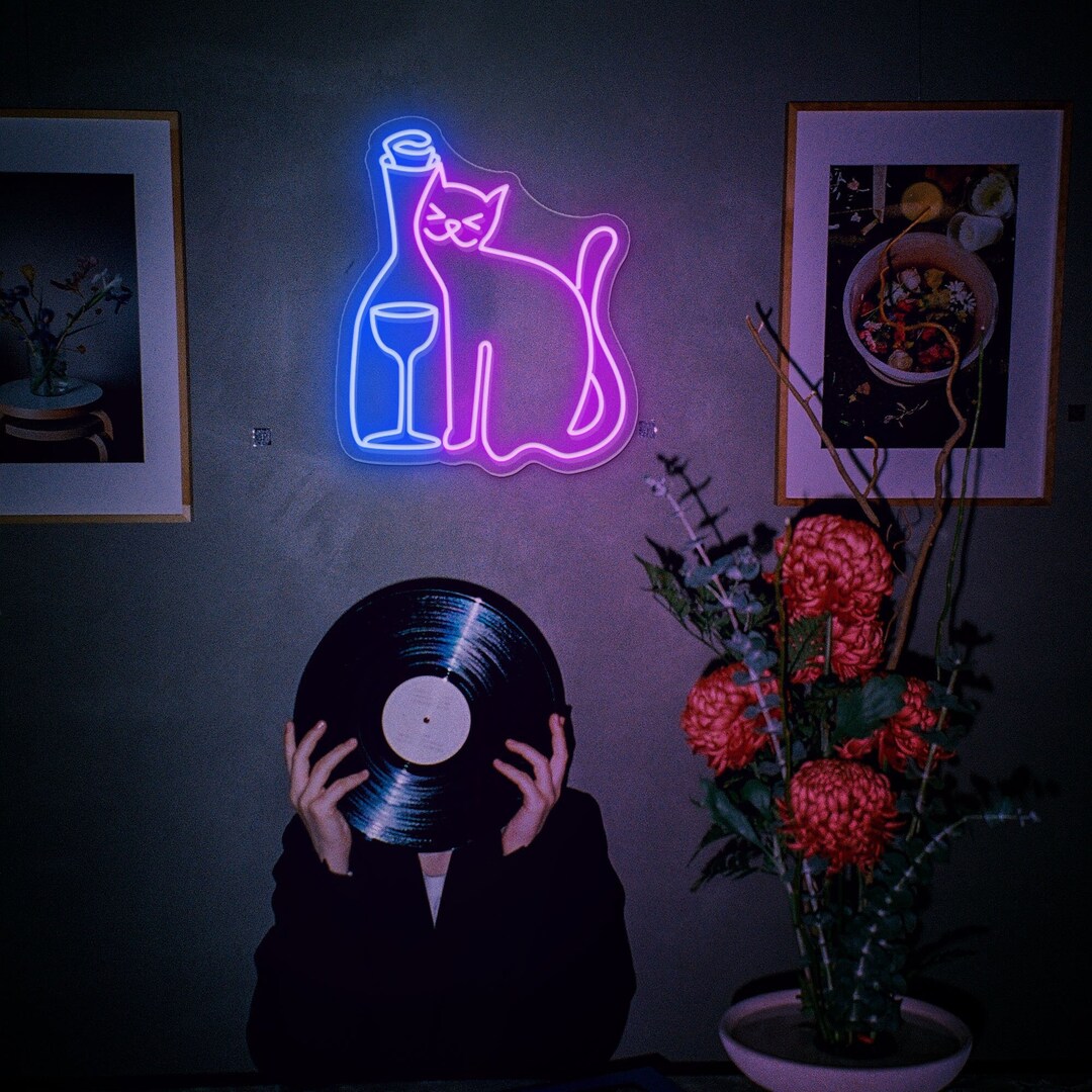 Cat Drink Wine Custom Neon Sign, Wine Lover Neon Sign, Wine Glass Wall ...