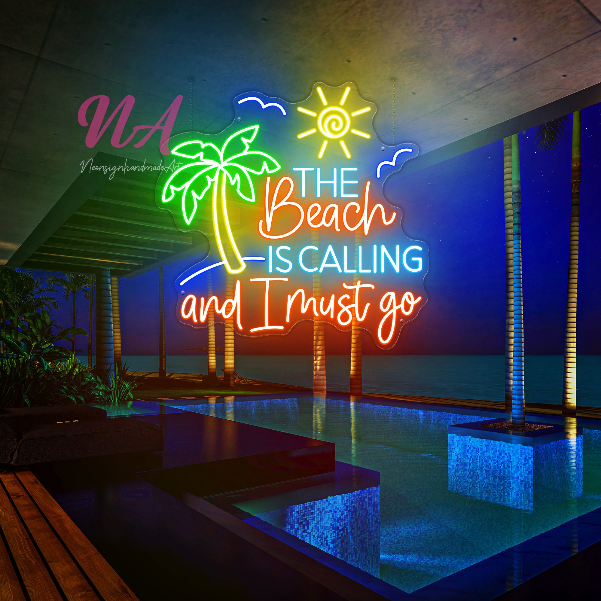 The Beach is Calling and I Must Go Neon Sign Palm Tree and Sun Neon ...