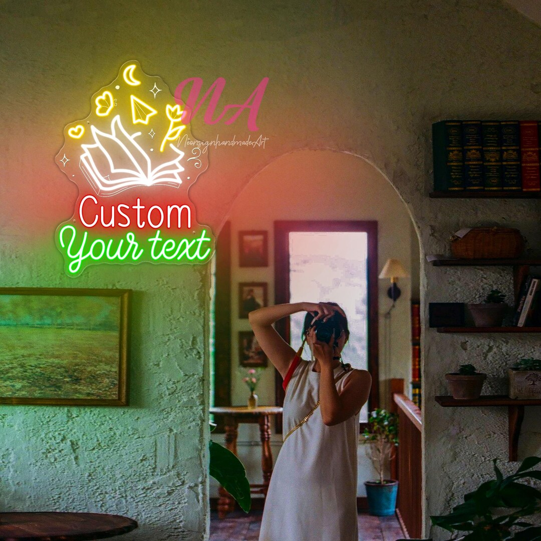 Custom Name Little Book Shop Neon Sign, Library Decor Wall, Reader Neon ...