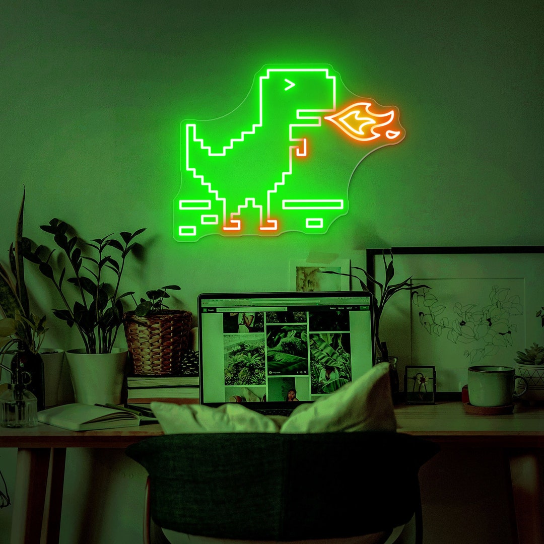 Dinosaur Neon Sign: Green Pixel Art, Gaming Room Decor - Etsy