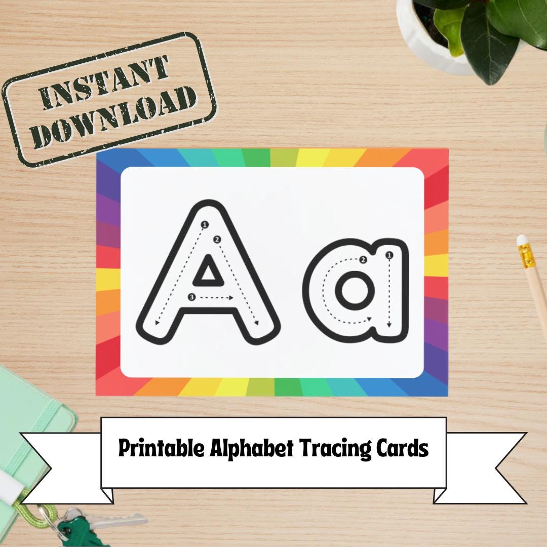 Printable Alphabet Tracing Cards With Rainbow Border Instant Download ...