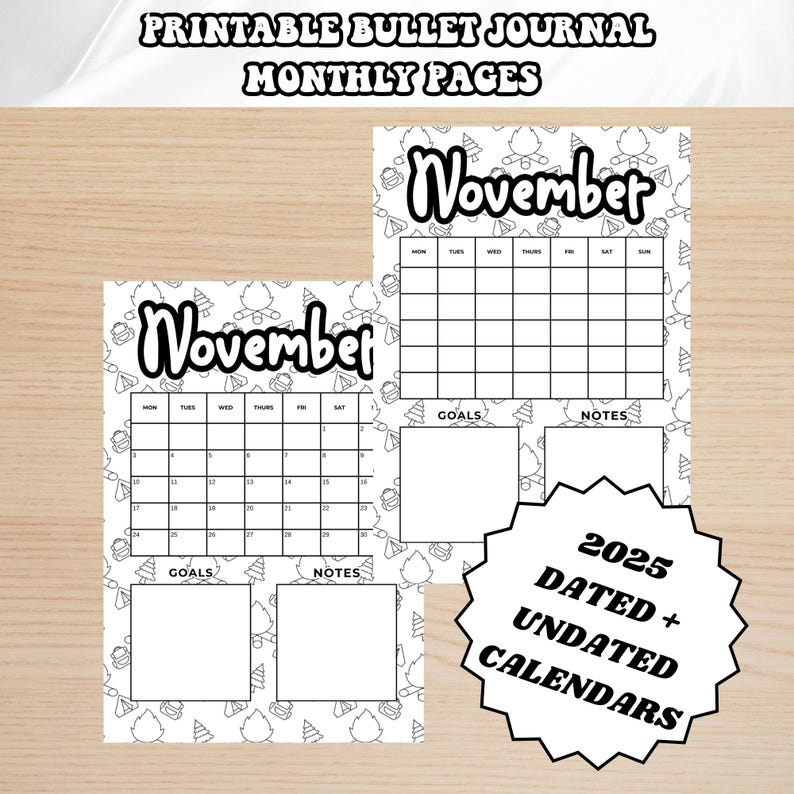 Printable Bullet Journal Monthly Pages Dated + Undated Calendars ...