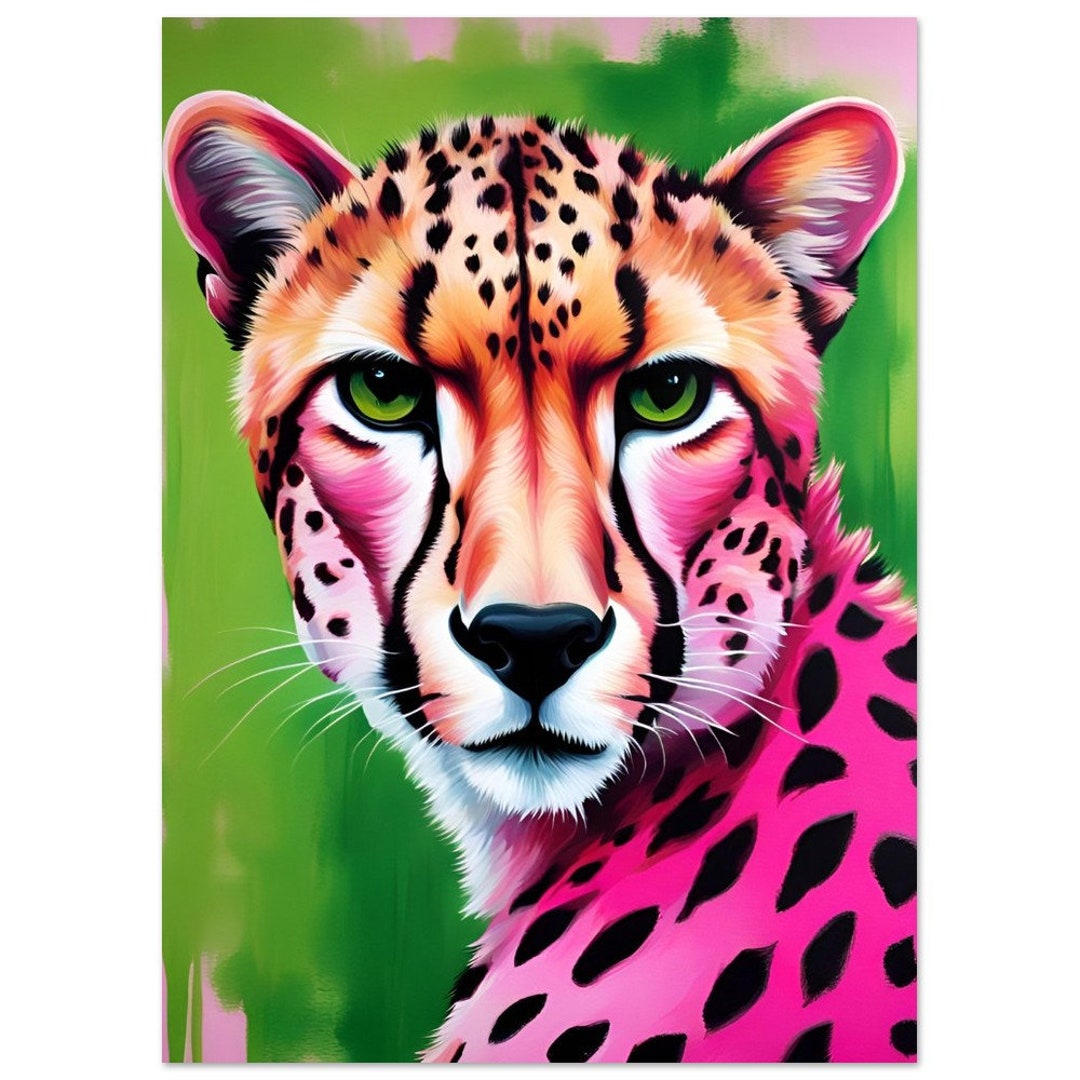 Pink and Green Cheetah Bright Coloured Digital Painting ...