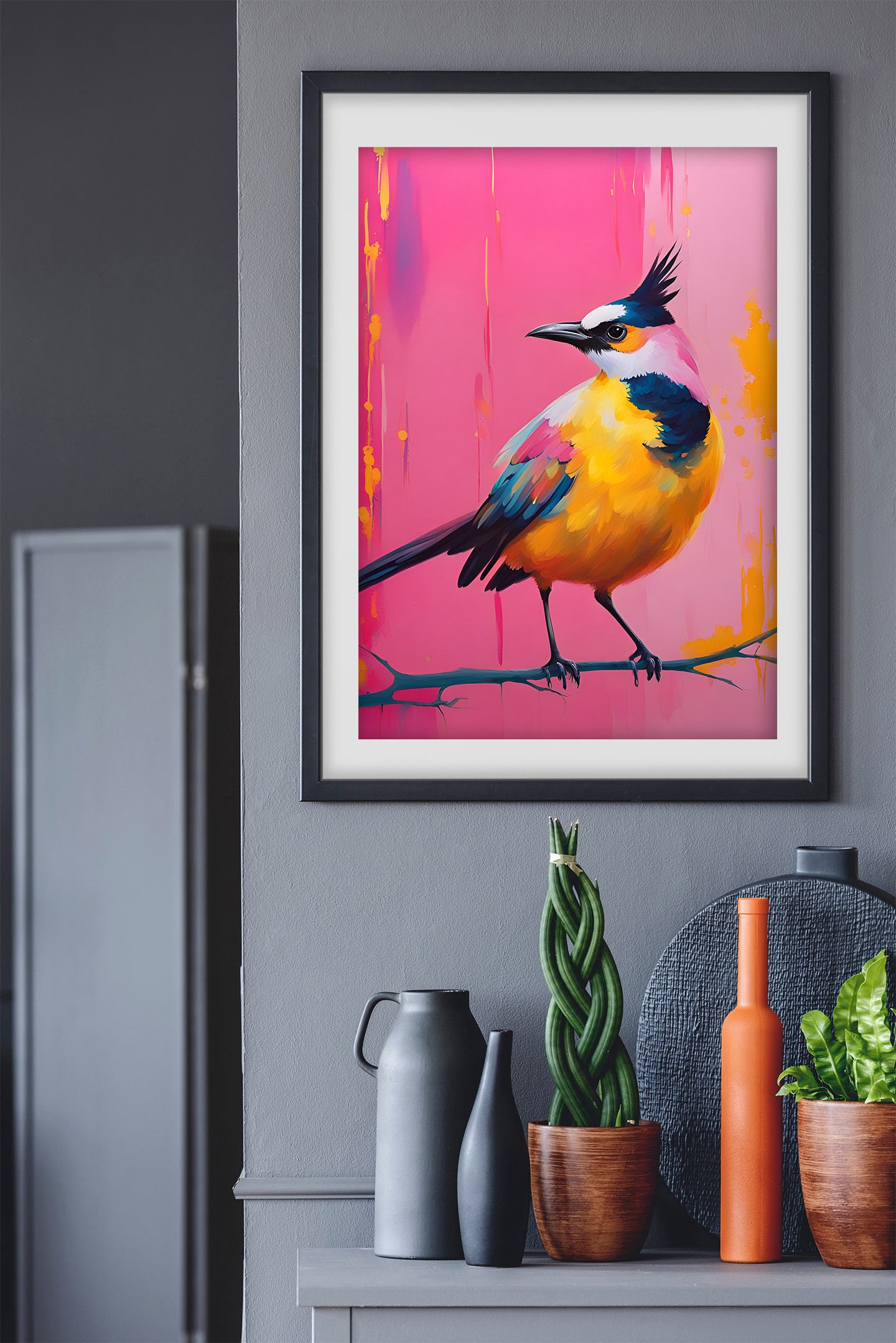 A Bright and Unique Yellow and Pink Bird Professionally Printed Poster ...