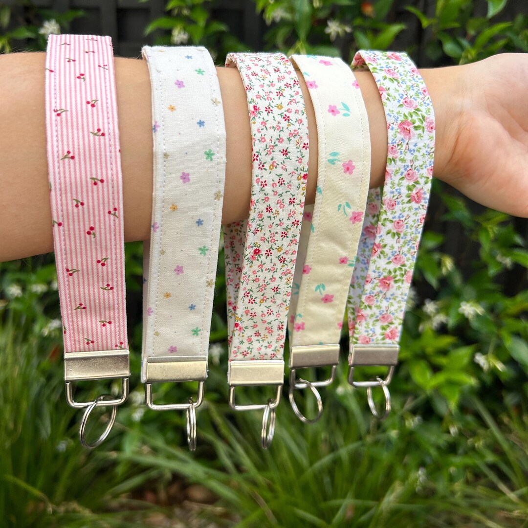 Handmade Keyring Wristlet Strap Holder Keychain Floral Berry Gingham ...