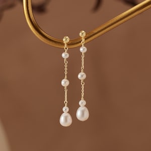 Natural Pearl Dangle Earrings, Minimalist Drop Earrings, Wedding Long Earrings, Gold Stud ...