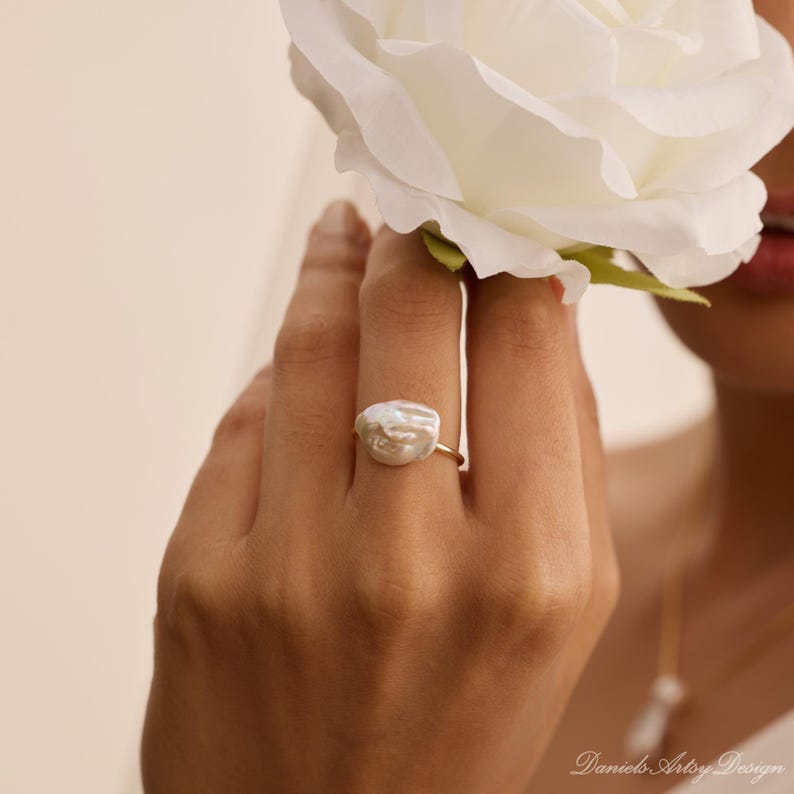 Natural Baroque Pearl Open Ring, Minimal Real Pearl Ring, Dainty ...