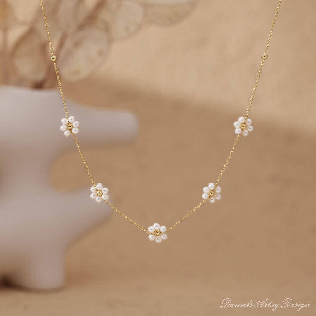 Dainty Pearl Flower Necklace, Freshwater Pearl With Gold Bead Flower ...