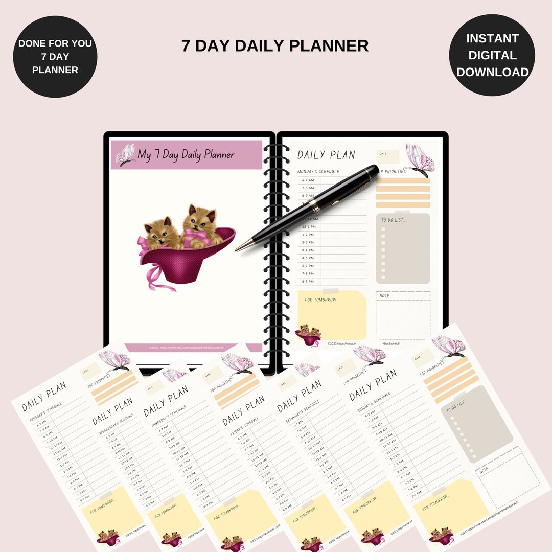 Printable 7 Day Plannerdigital Download Done for You Plannercat in Hat ...