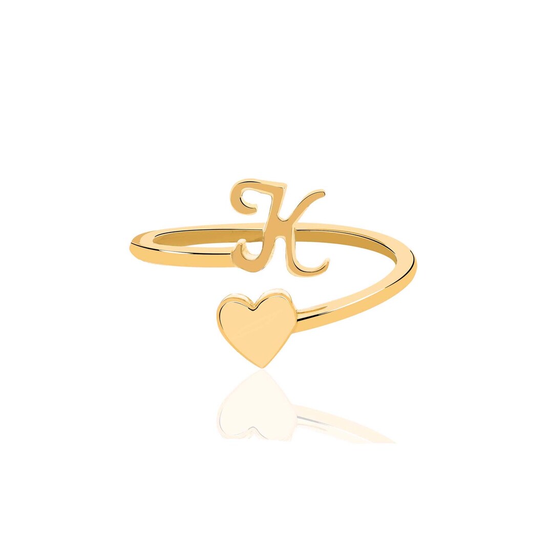 14k Dainty Initial Heart Ring, Gold Custom Initial Ring, Adjustable A-Z ...