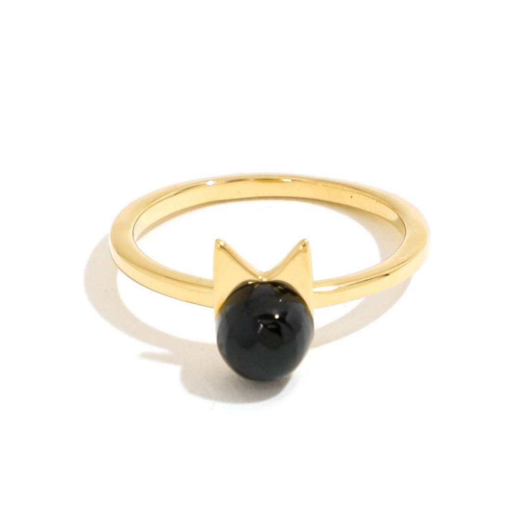 Cabochon Black Onyx Cat Ring, 14k Gold Black Onyx Women Ring, 925 ...
