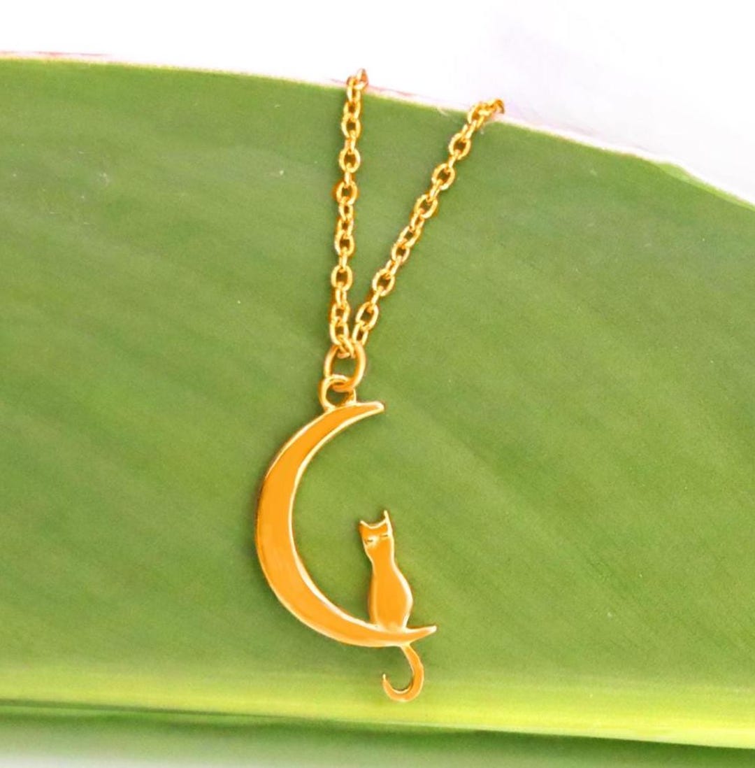 925 Silver Cat Moon Necklace, 14K Crescent Moon Charm, Cat Lover Gift ...
