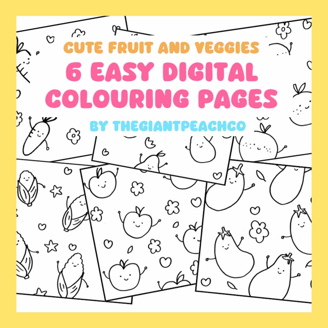Digital Colouring Book - Cute Fruits and Veggies, 6 Pages, PDF File ...