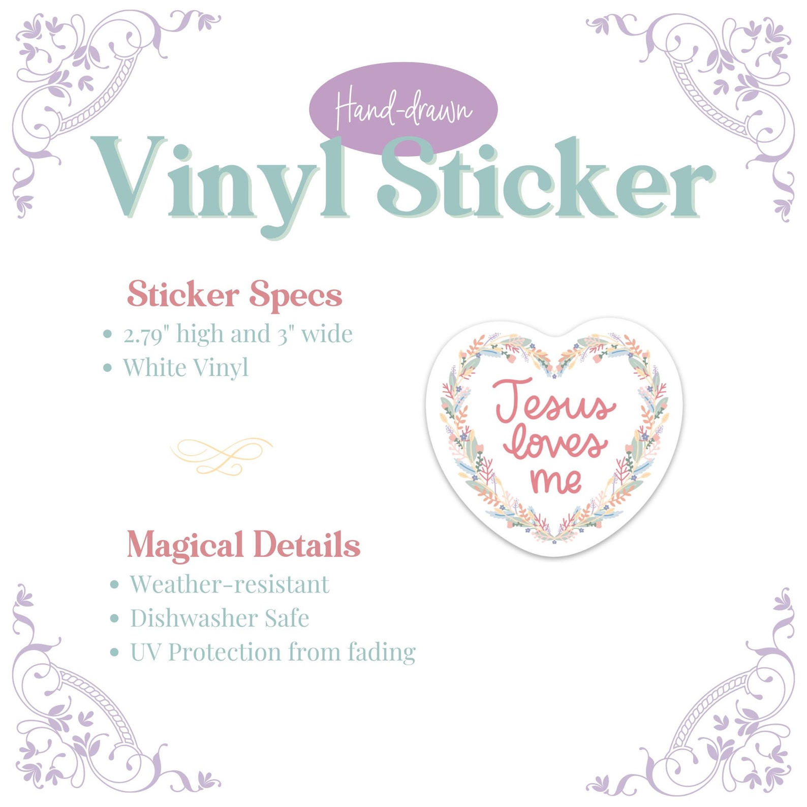 Jesus Loves Me Sticker Hand Drawn Pastel Rainbow Floral Heart Vinyl ...