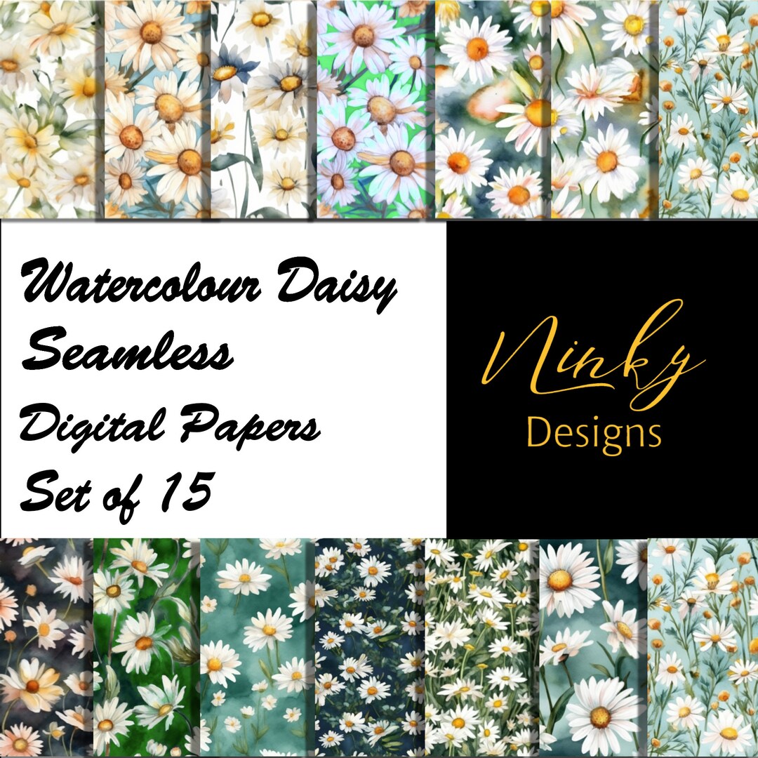Floral Digital Paper, Watercolor Daisy, Set of 15 Images, Flower ...
