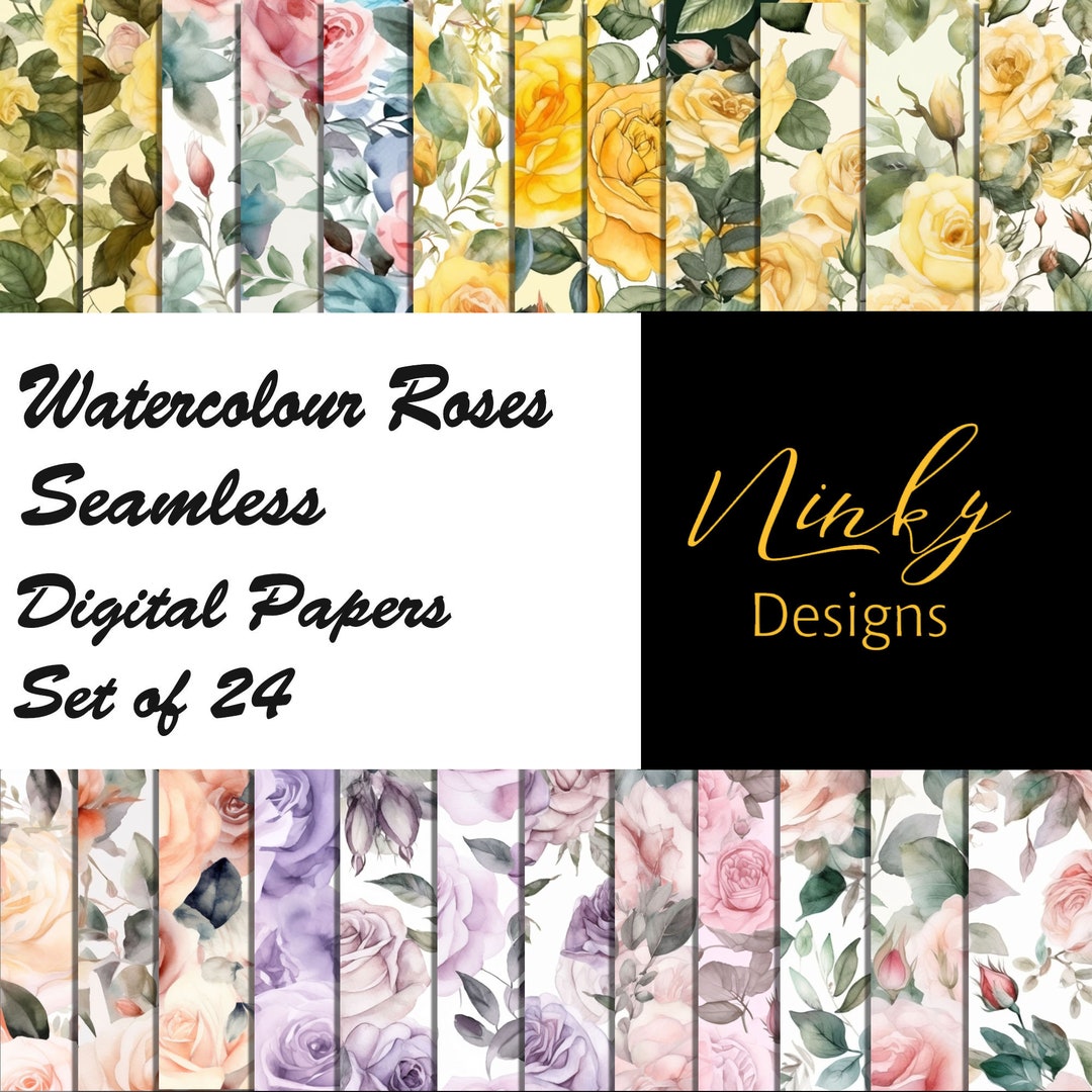 Floral Digital Paper, Watercolor Roses, Set of 24 Images, Flower ...