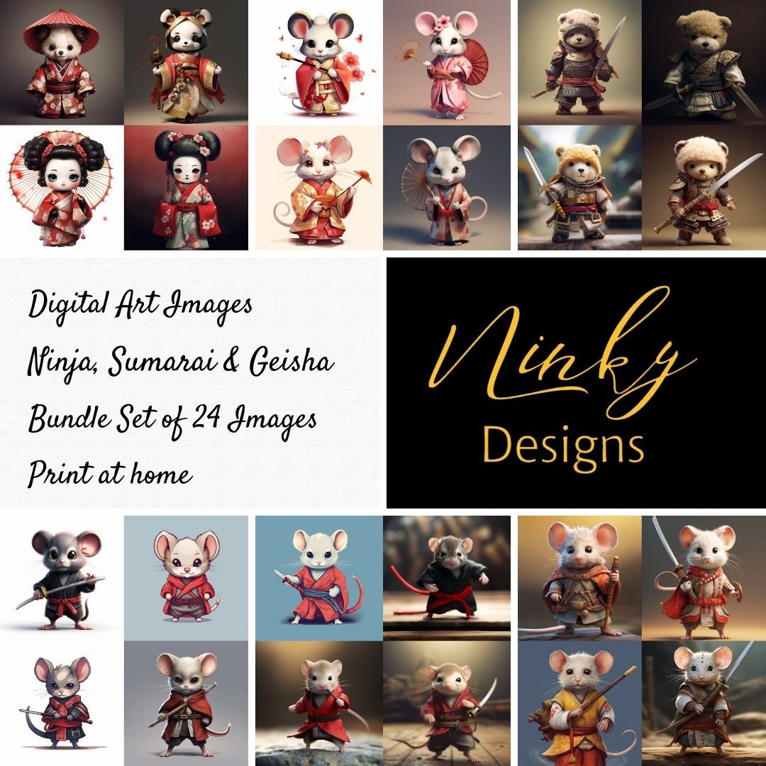 Ninja Geisha Samurai Mouse Art: 24 Image Digital Bundle (12x12 300dpi ...
