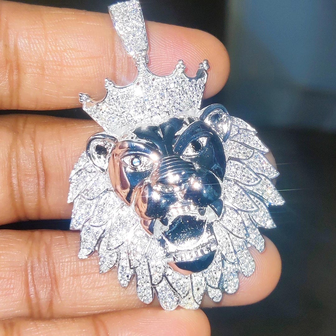 Iced Out Lion Head Pendant, Simulated Diamond, 14K White Gold Plated ...