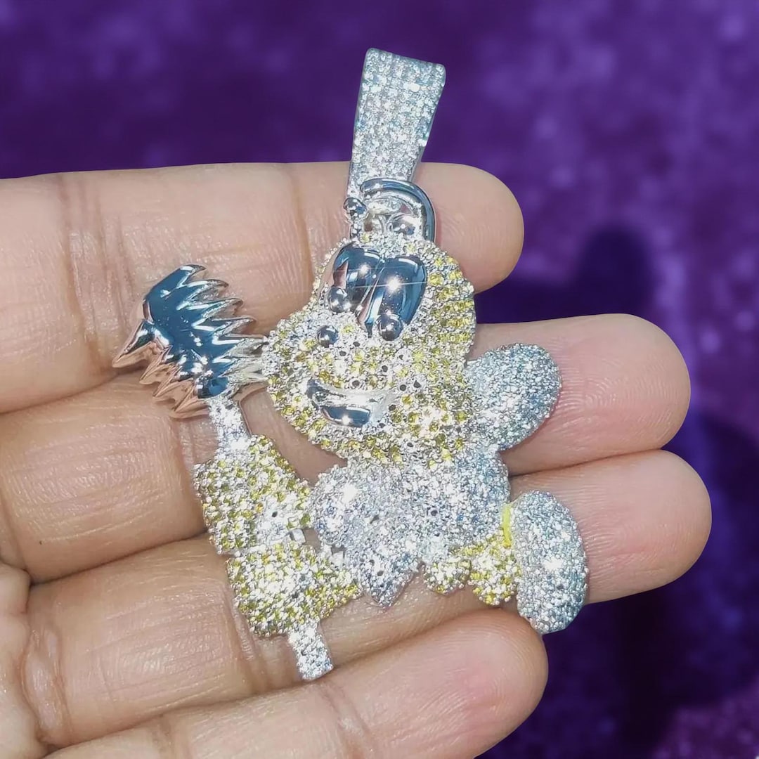 Iced Out Cartoon Pendant: Simulated Diamond, 14K White Gold Finish, 925 ...