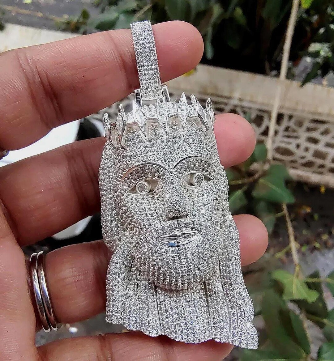 Iced Jesus Face Pendant: Simulated Diamond, 14K White Gold Finish ...