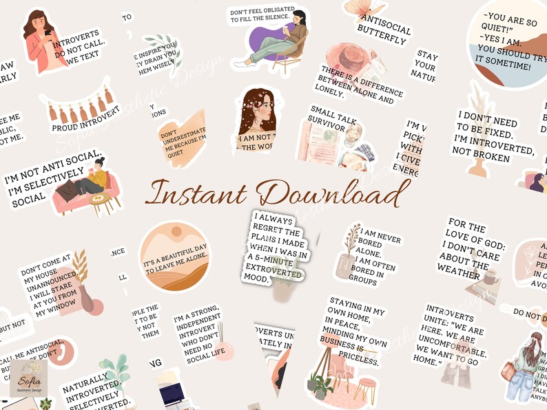 Introvert Stickers Printable Set, Funny Quotes Aesthetic Antisocial ...