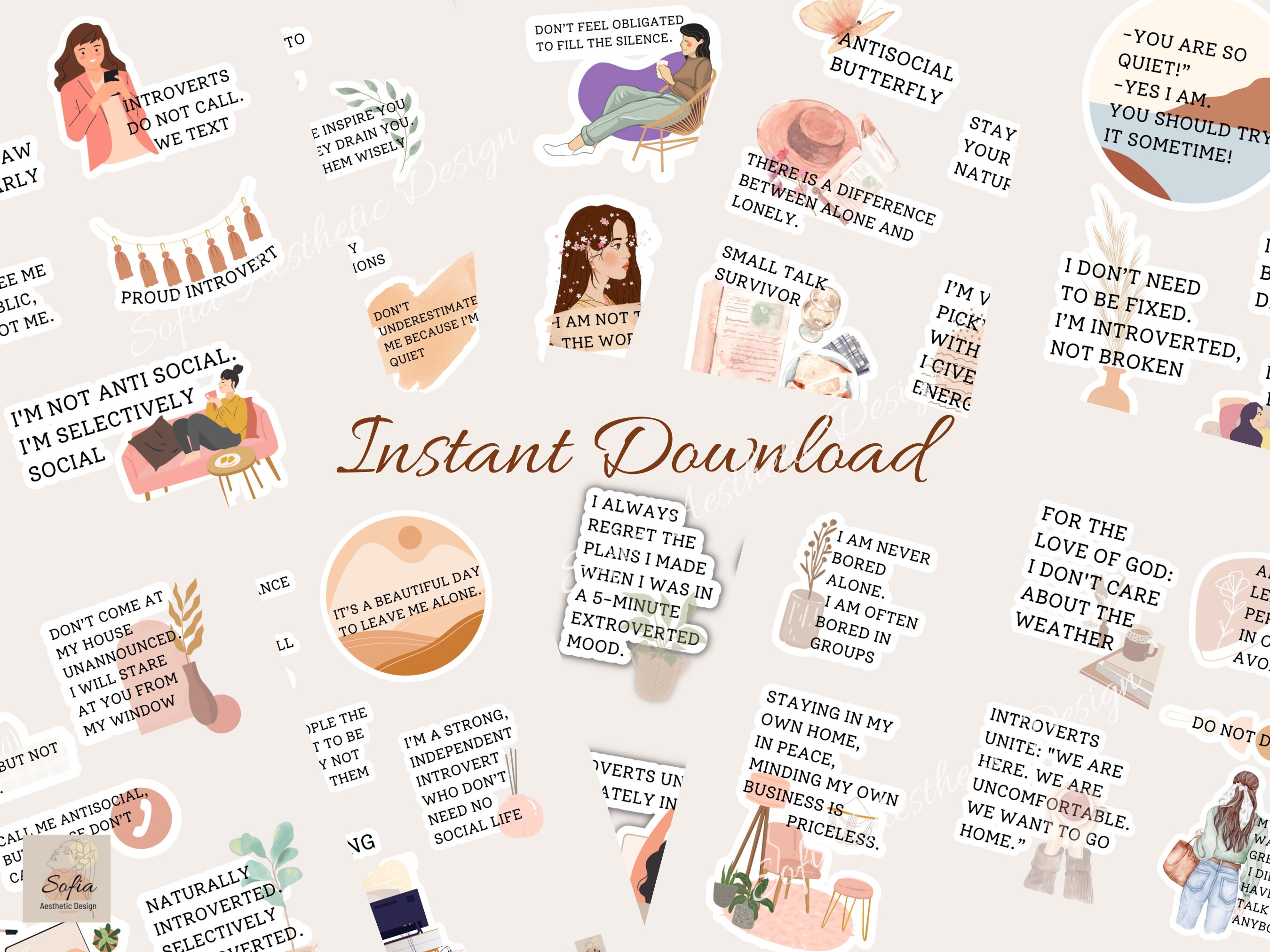 Introvert Stickers Printable Set, Funny Quotes Aesthetic Antisocial ...