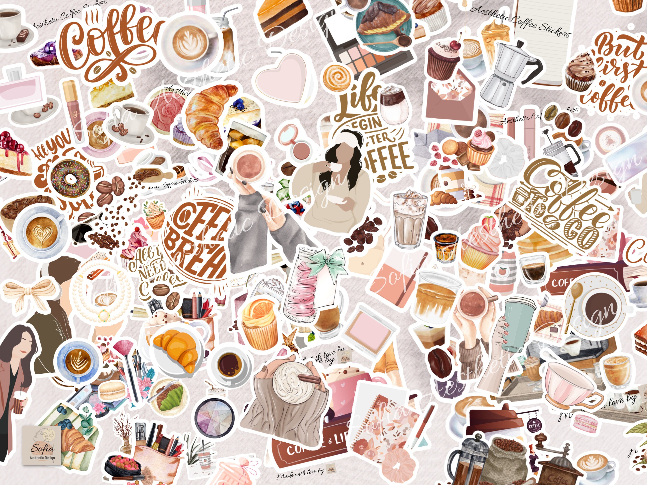 Printable Aesthetic Coffee Stickers Pack, Feminine Pink Coffee Themed ...