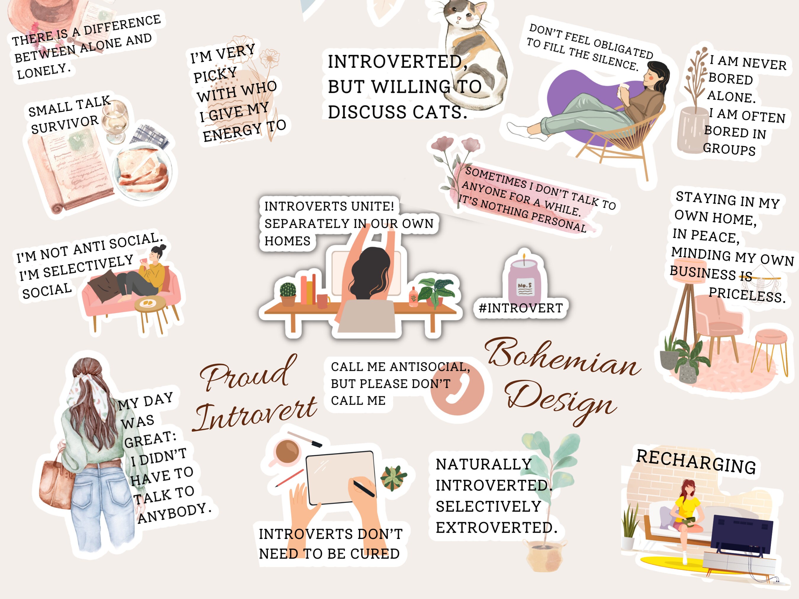 Introvert Stickers Printable Set, Funny Quotes Aesthetic Antisocial ...