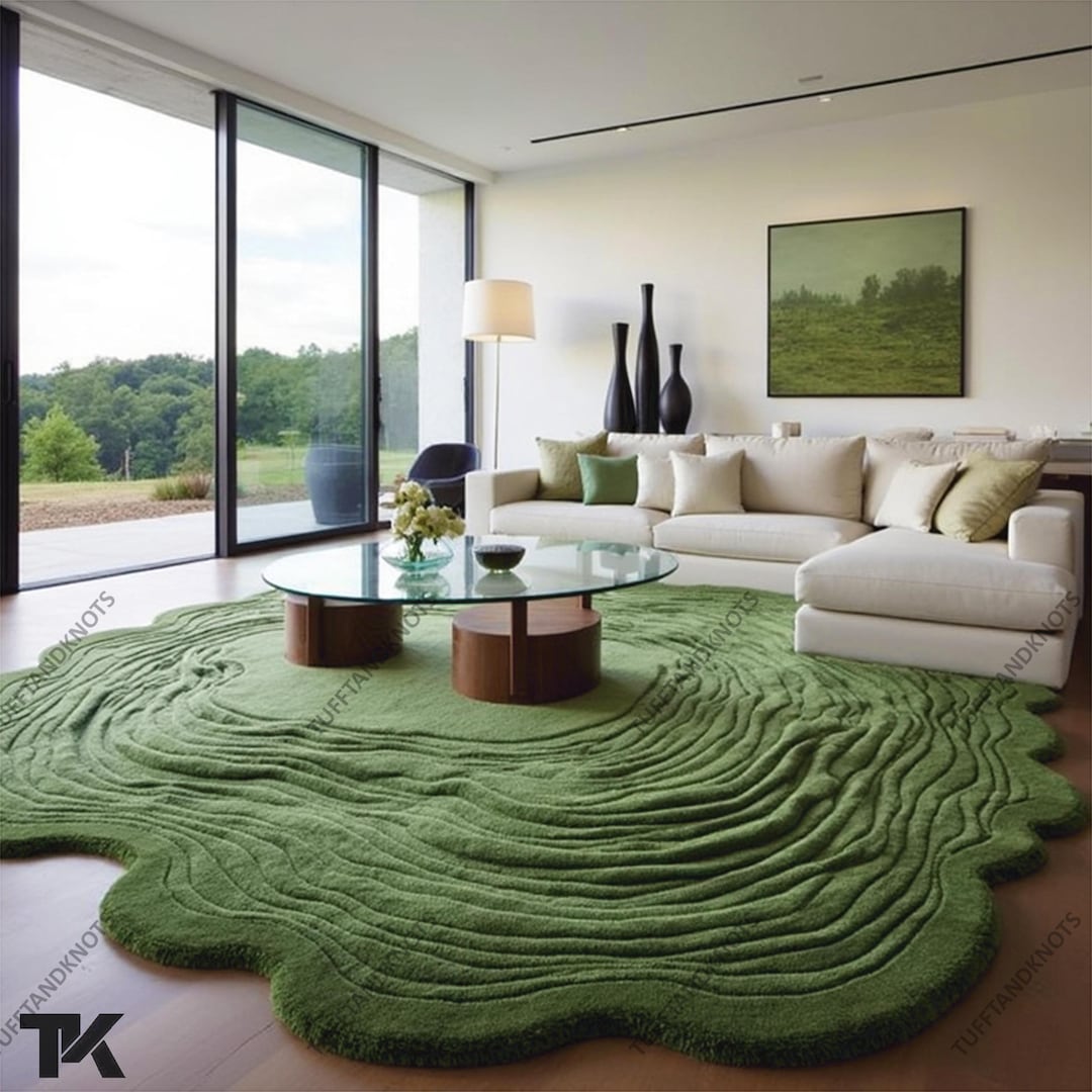 Green Abstract Wavy Wool Rug: Modern Irregular Carpet - Etsy