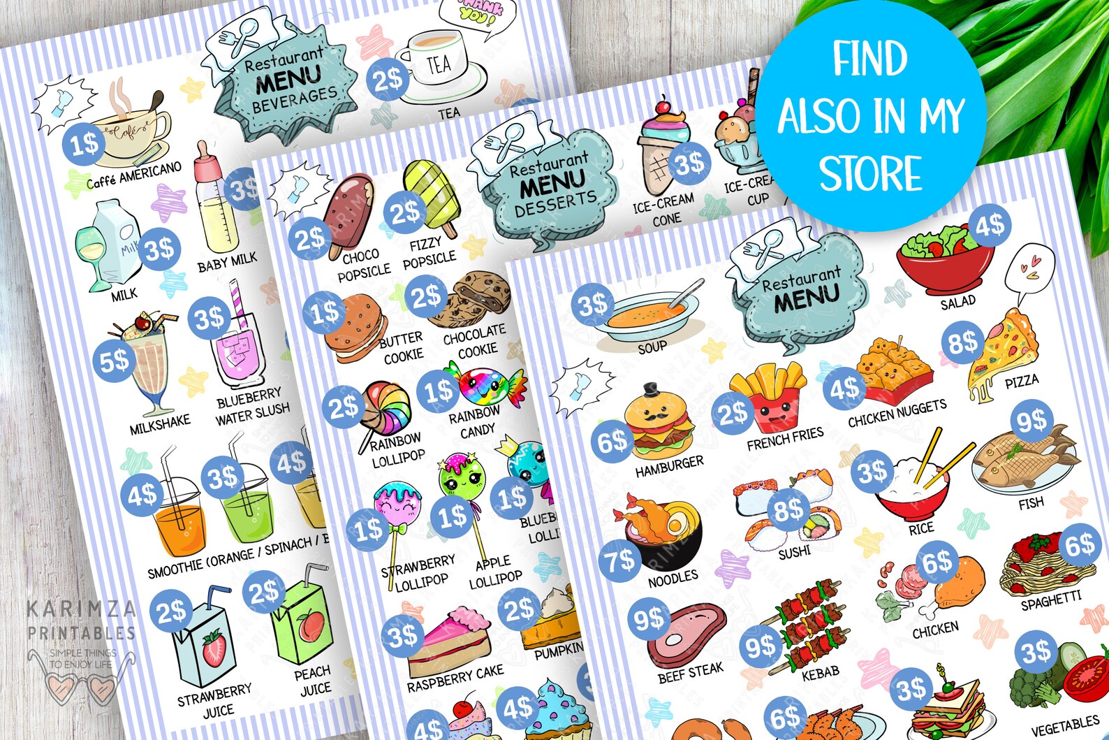 Pretend Play Restaurant Menu, Digital Download, Kids Kitchen Play Menus ...