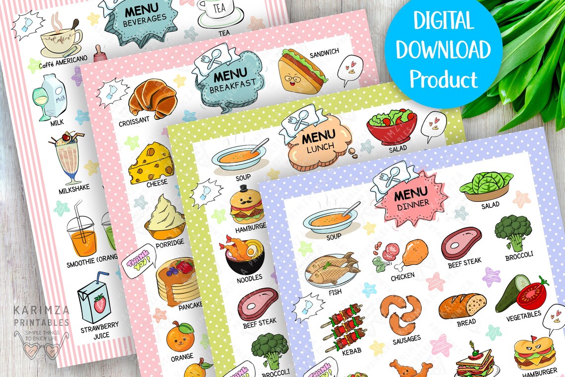 Pretend Play Menu, Digital Download, Kids Breakfast, Lunch, Dinner ...